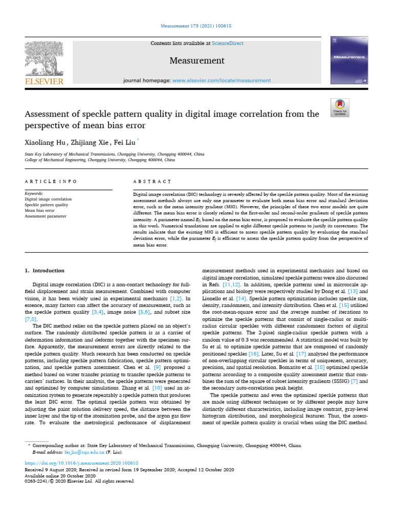 Assessment Of Speckle Pattern Quality In Digital Image Correlation From