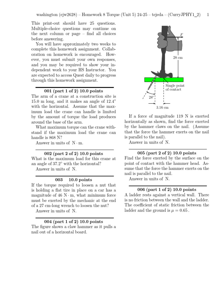 Homework 8 Torque (Unit 5) 24-25-Problems | PDF | Rotation Around A Fixed Axis | Physical Phenomena