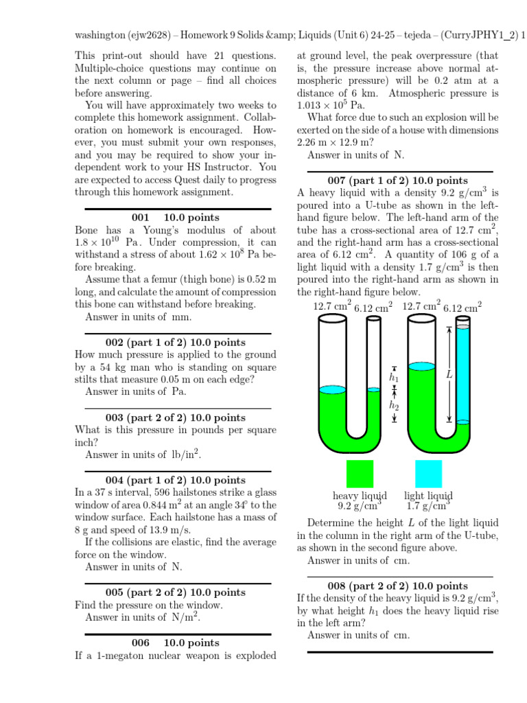 Homework 9 Solids & Liquids (Unit 6) 24-25-Problems | PDF | Pressure ...