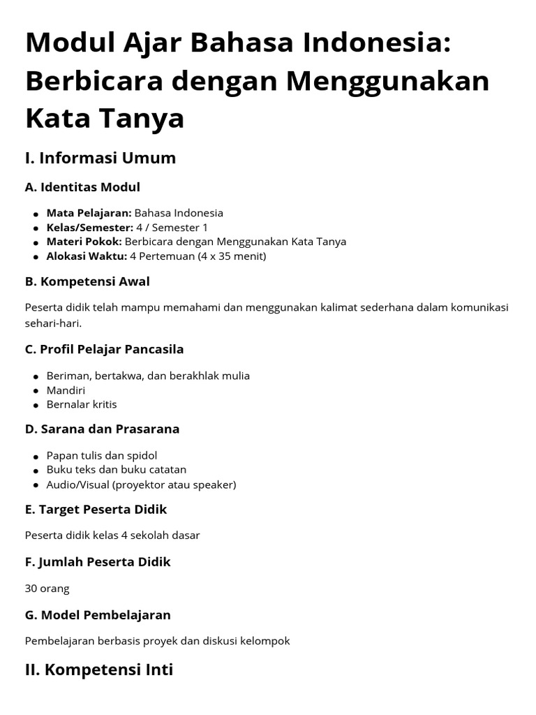 Modul Ajar Bahasa Indonesia Berbicara Dengan Menggunakan Kata Tanya PDF | PDF
