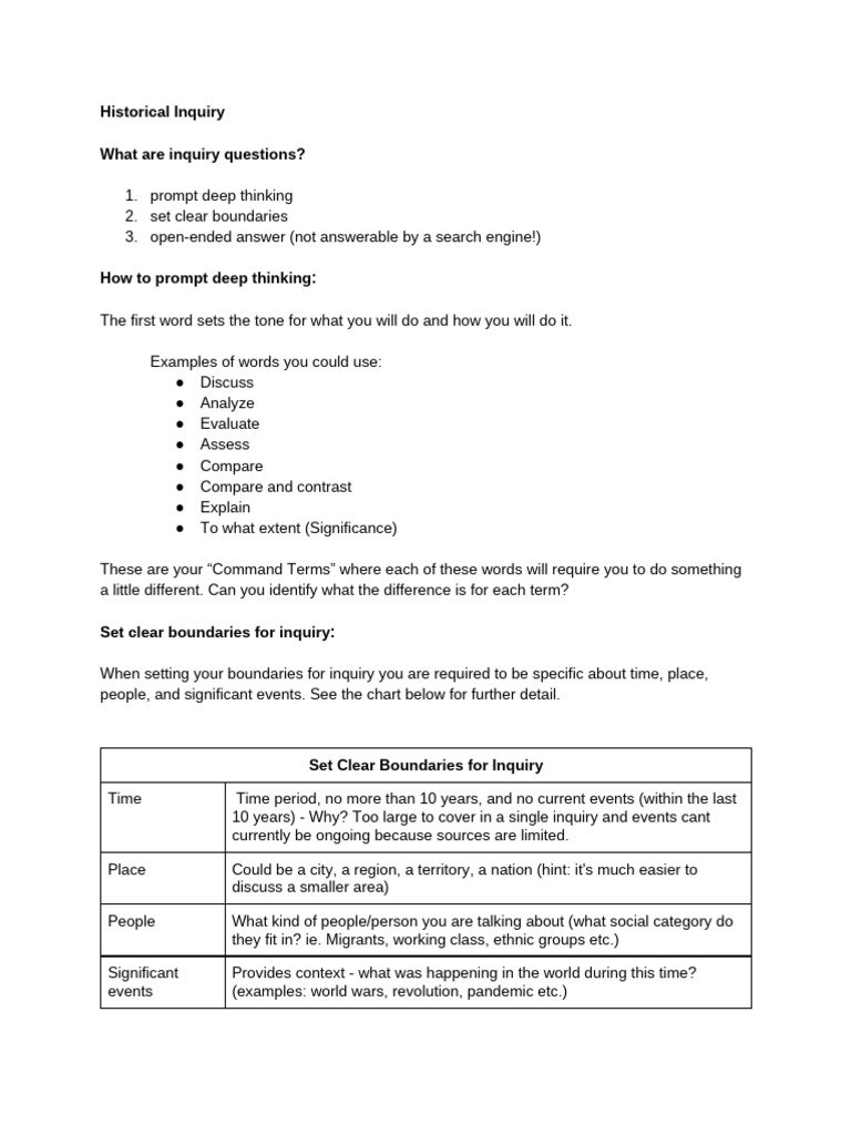 Historical Inquiry Refining Your Research Question - Word | PDF ...