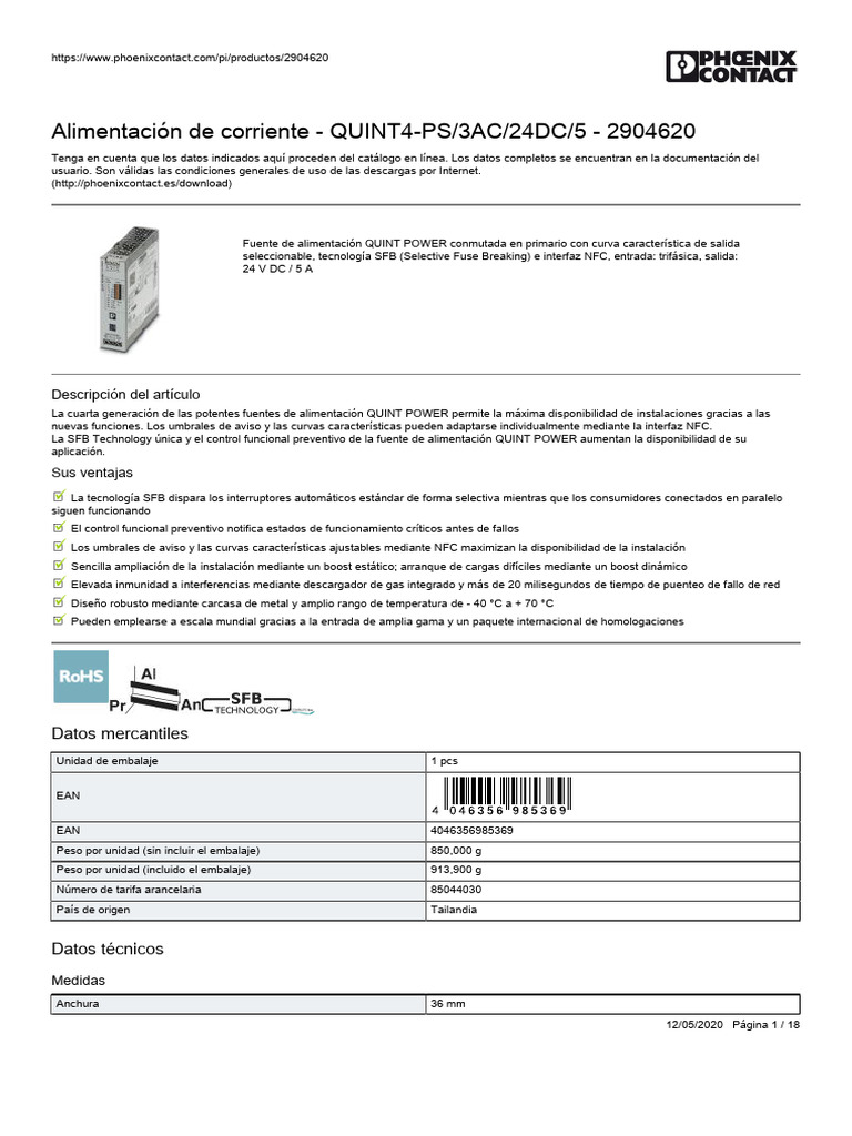 Alimentación de Corriente - QUINT4-PS/3AC/24DC/5 - 2904620: Descripción ...