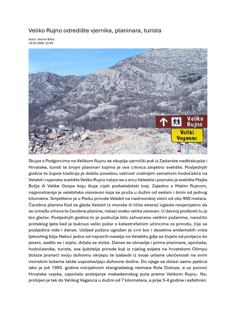 Veliko Rujno Odredište Vjernika, Planinara, Turista | PDF