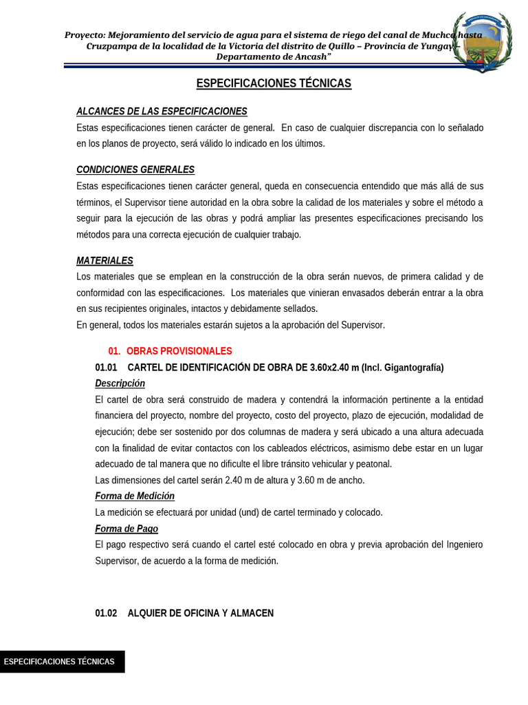 ESPECIFICACIONES TECNICAS CANAL | PDF | Topografía | Hormigón