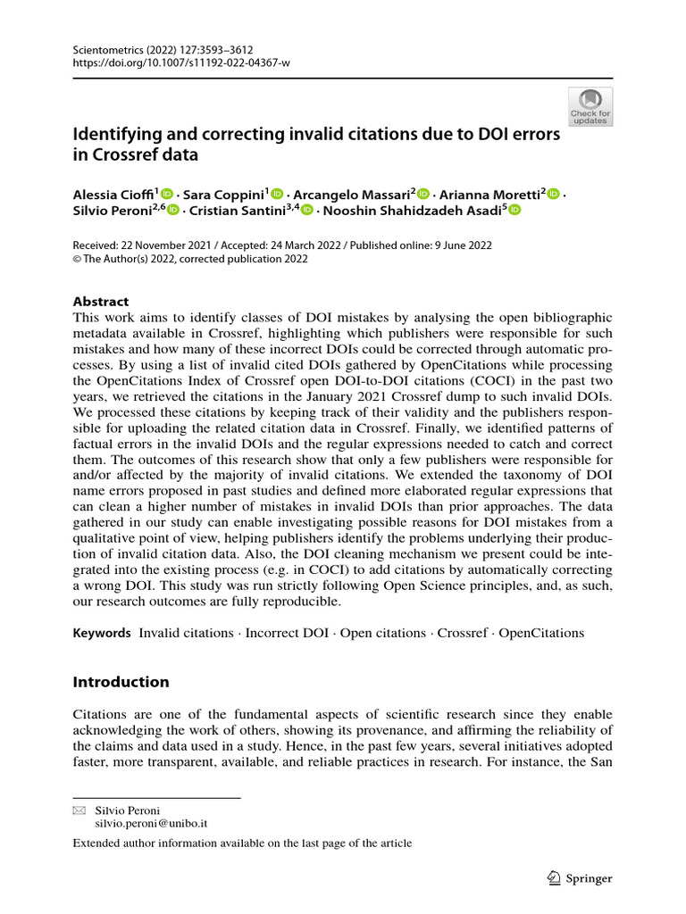 Identifying and correcting invalid citations due to DOI errors in Crossref data | PDF | Digital ...