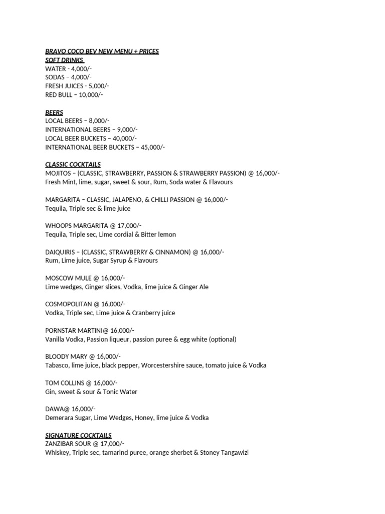 Bravo Coco Final Bev Menu Sept 24 | PDF | Drink | Alcoholic Drinks