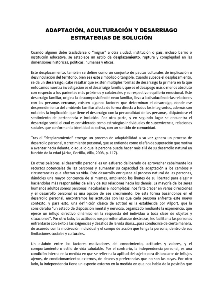 Adapatación, Aculturación y Desarraigo. Estrategias | PDF | Las ...