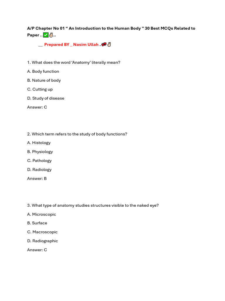 30 MCQs on Human Body Anatomy | PDF | Anatomical Terms Of Location ...