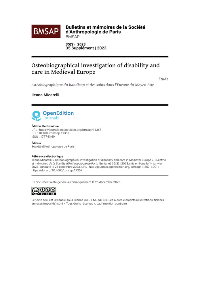 Osteobiographical Investigation of Disability and Care in Medieval ...