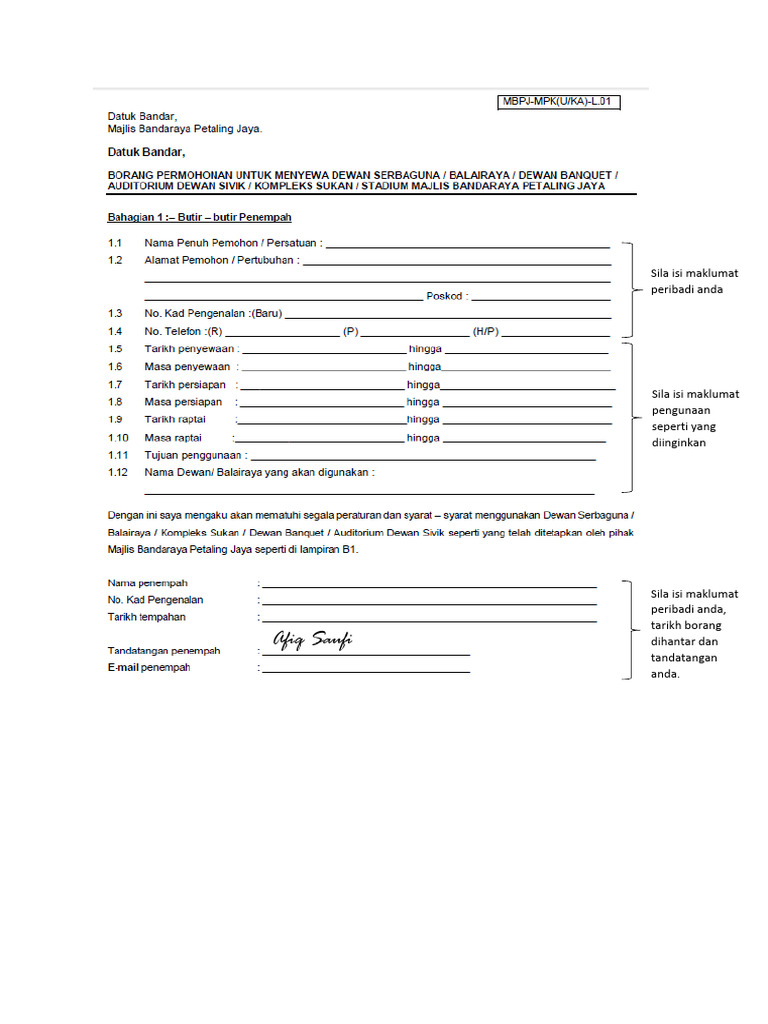 Sample Borang Sewaan Dewan Banquet | PDF