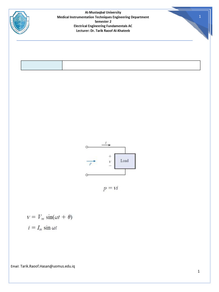 Fundamental of Electrical Engineering (AC) WEEK 9 and 10677 | PDF | Ac Power | Alternating Current