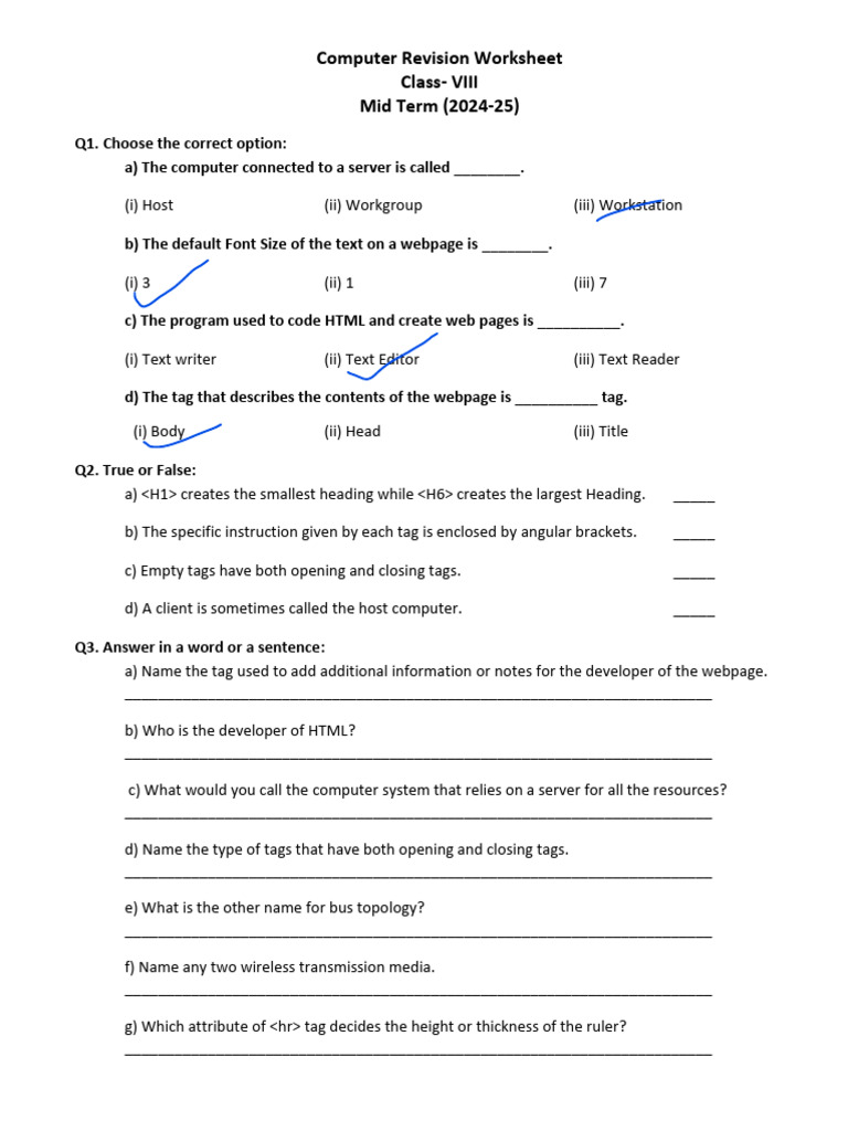 Revision Worksheet Class 8 | PDF | Html | Computer Network