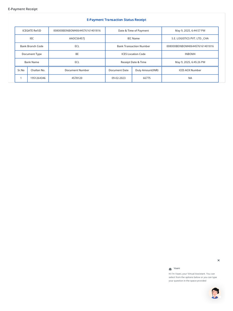 Foservices - Icegate.gov - in # Epayment Download-Receipt - 4578120 | PDF