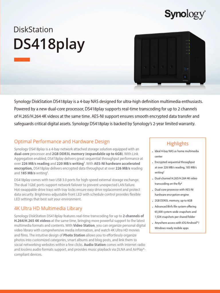 Synology DS418play Data Sheet Enu | PDF | File Transfer Protocol | Backup