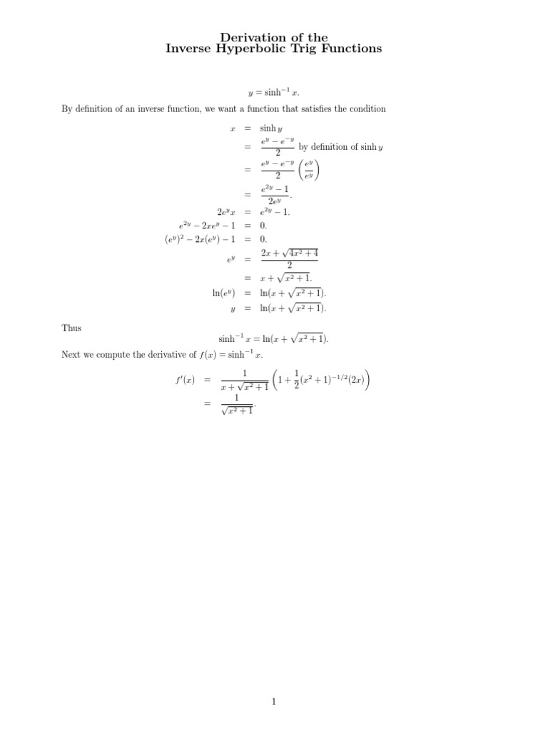 Inverse Hyperbolic Functions Derivation | PDF