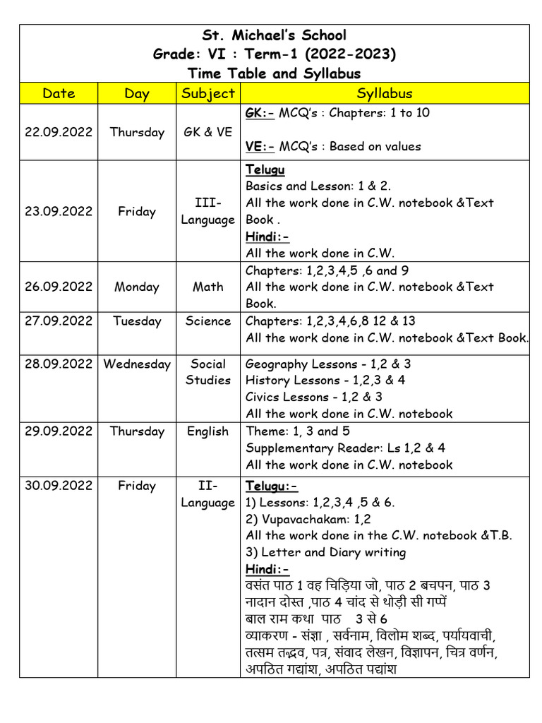 Grade-6 Term-1 TimeTable and Syllabus 22-23 | PDF