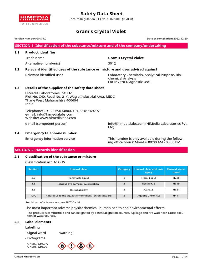 Safety Data Sheet for Gram's Crystal Violet | PDF | Occupational Safety ...