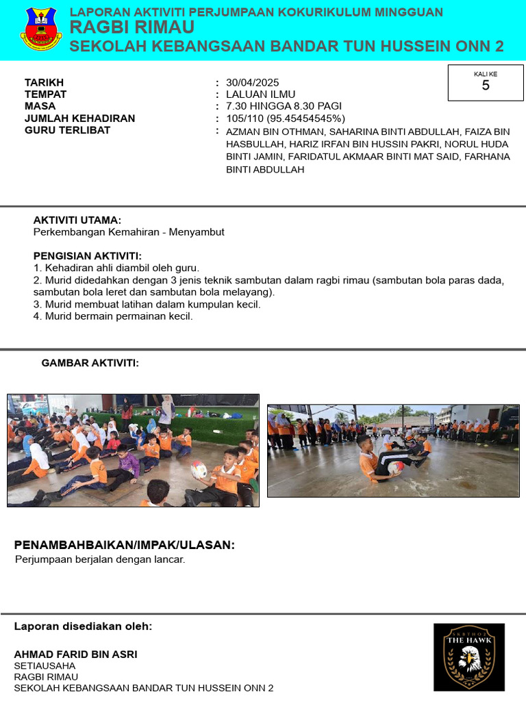 Laporan Aktiviti Kokurikulum Ragbi Rimau - 30 - 04 - 2025 | PDF