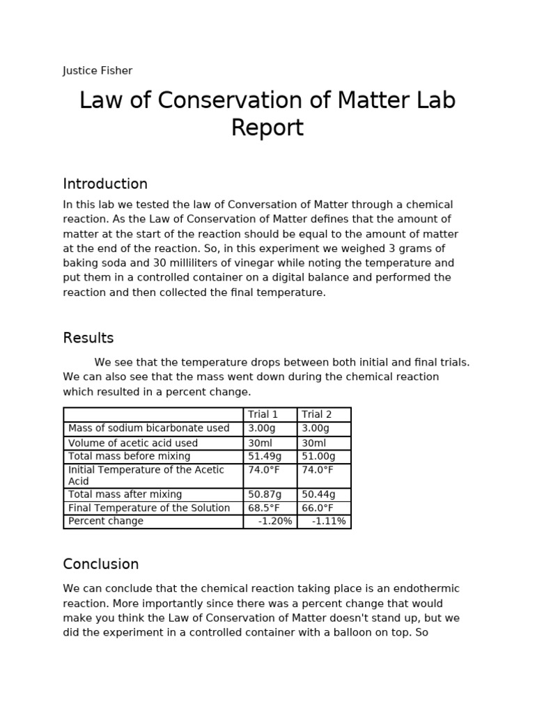 Law of Conservation of Matter Lab Repor | PDF
