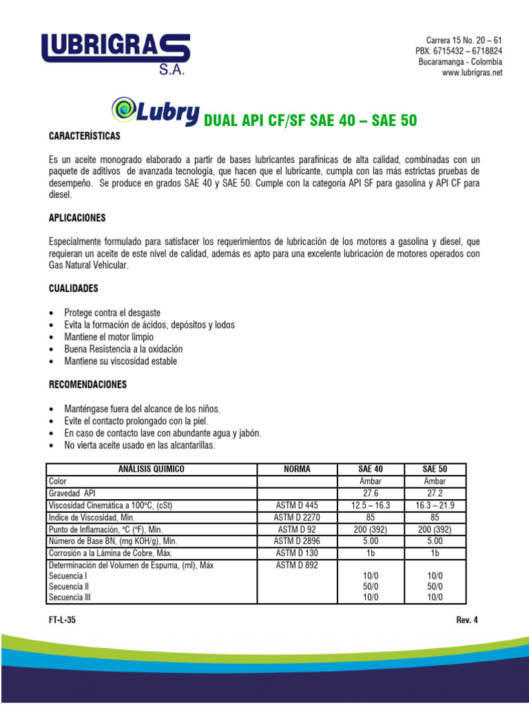 Dual API SF SAE 40 - 50 1 | PDF | Lubricante | Materiales
