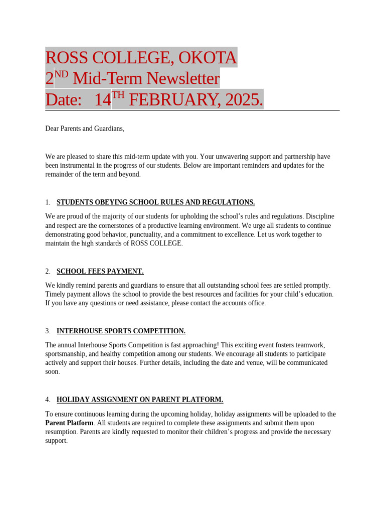 Ross College Mid-Term Update 2025 | PDF