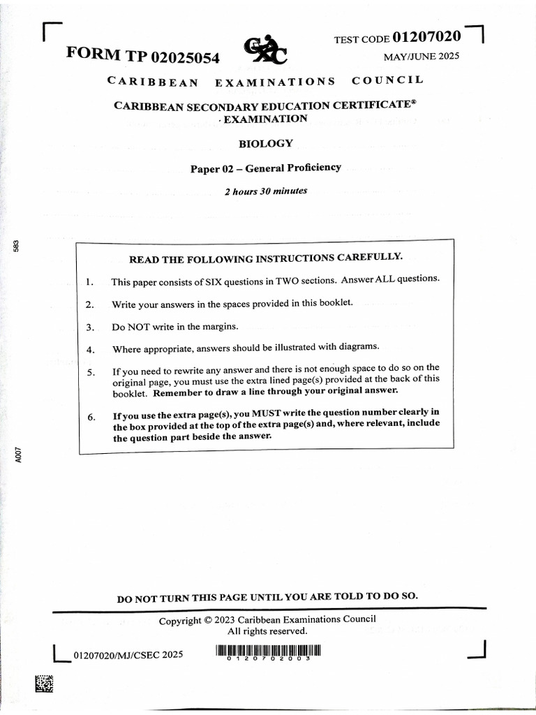 May June CSEC Biology Paper 2 - 2025 | PDF