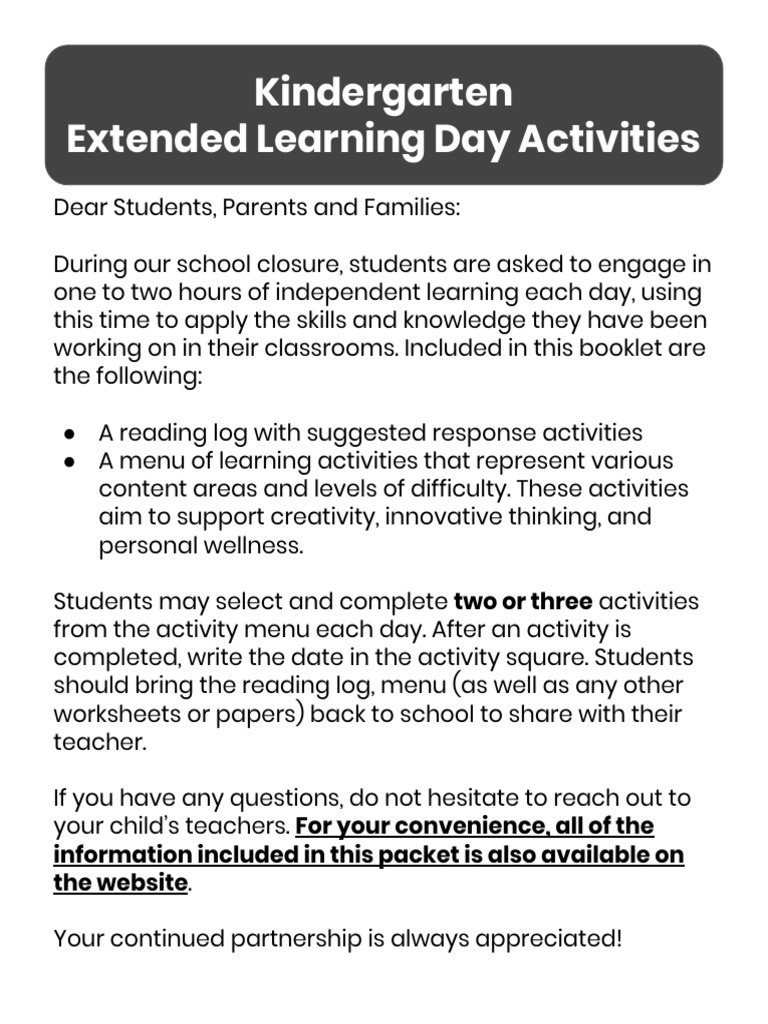 Kindergarten Extended Learning Plan | PDF | Learning