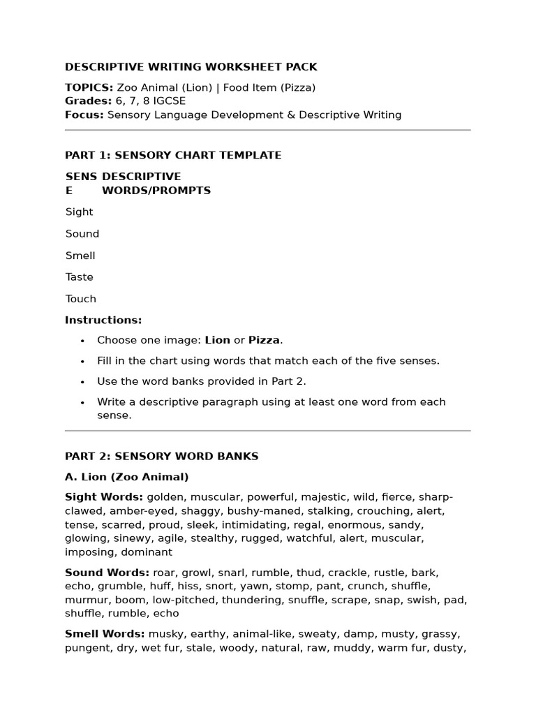 Descriptive Writing Worksheet Pack | PDF | Taste