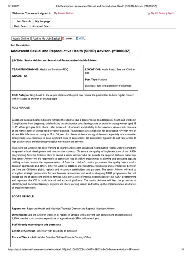 Job Description - Adolescent Sexual and Reproductive Health (SRHR ...