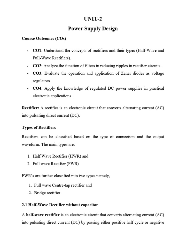 IE-Unit-2 Power Supply Design-Notes | PDF | Rectifier | Capacitor