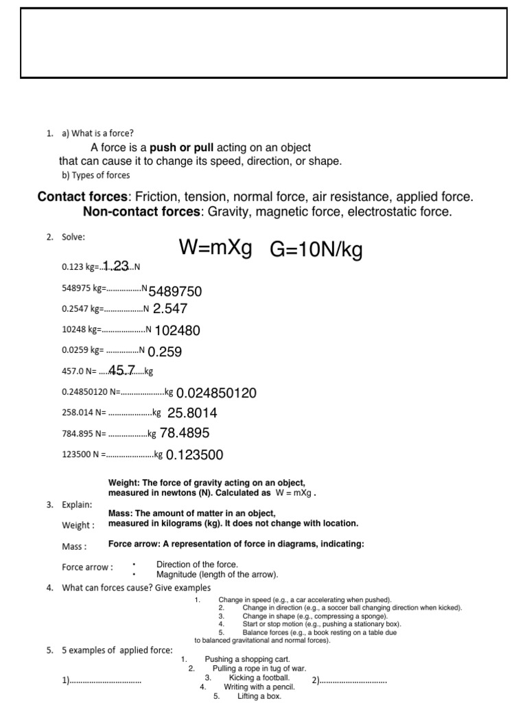 7th Grade Physics Quiz on Forces | PDF | Force | Weight