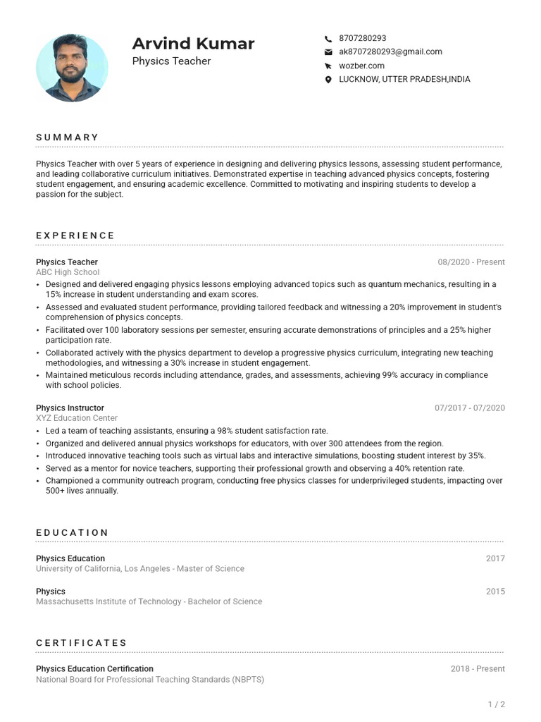 Arvind Kumar - Physics Teacher - Resume | PDF | Expert | Teachers