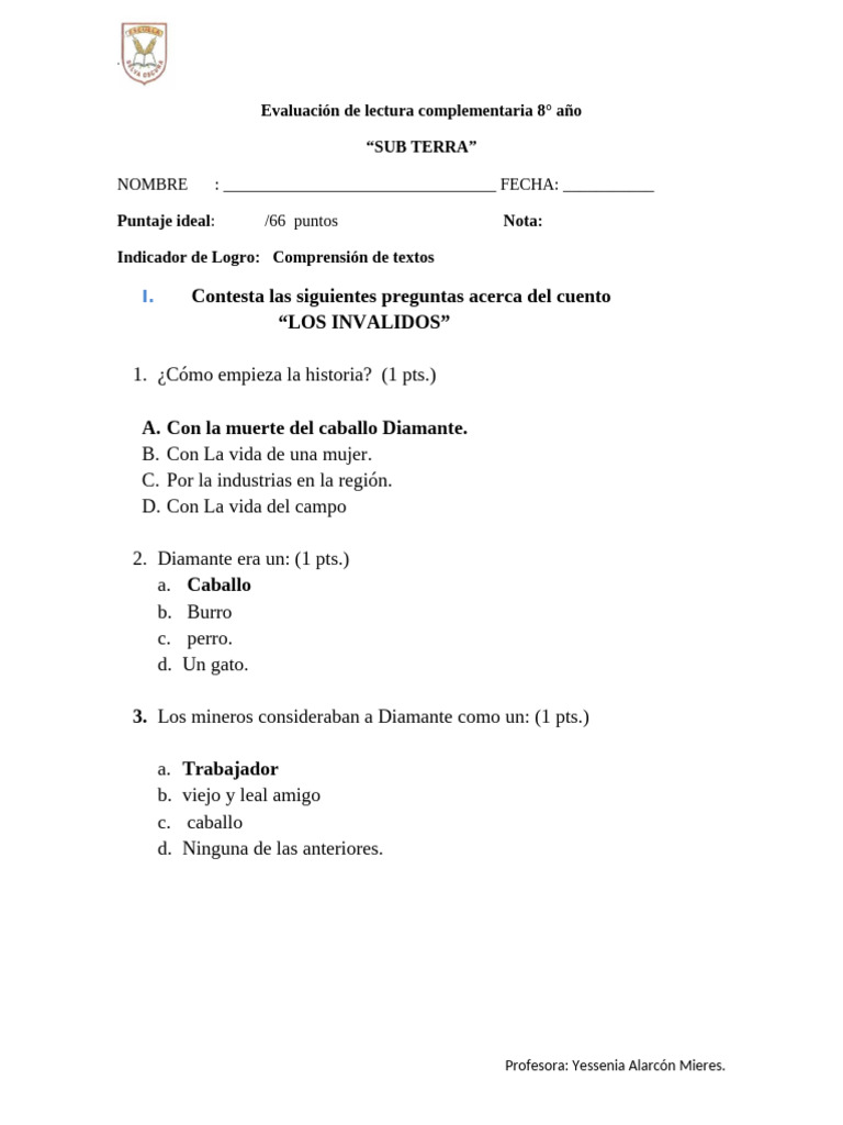 Evaluación de lectura complementaria sub terra resuelta | PDF