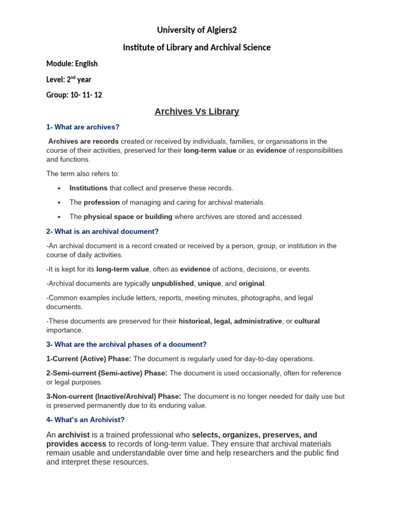 Archives vs Libraries Explained | PDF | Archive | Archivist