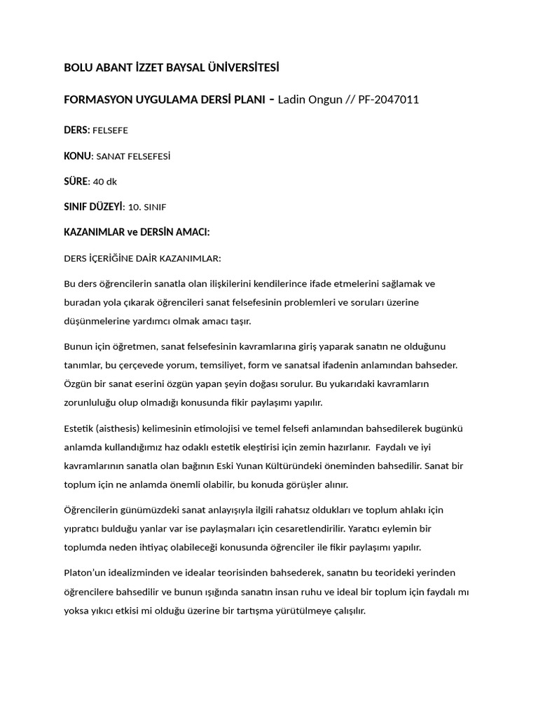 FELSEFE DERSİ SUNUM PLANI-ooo | PDF