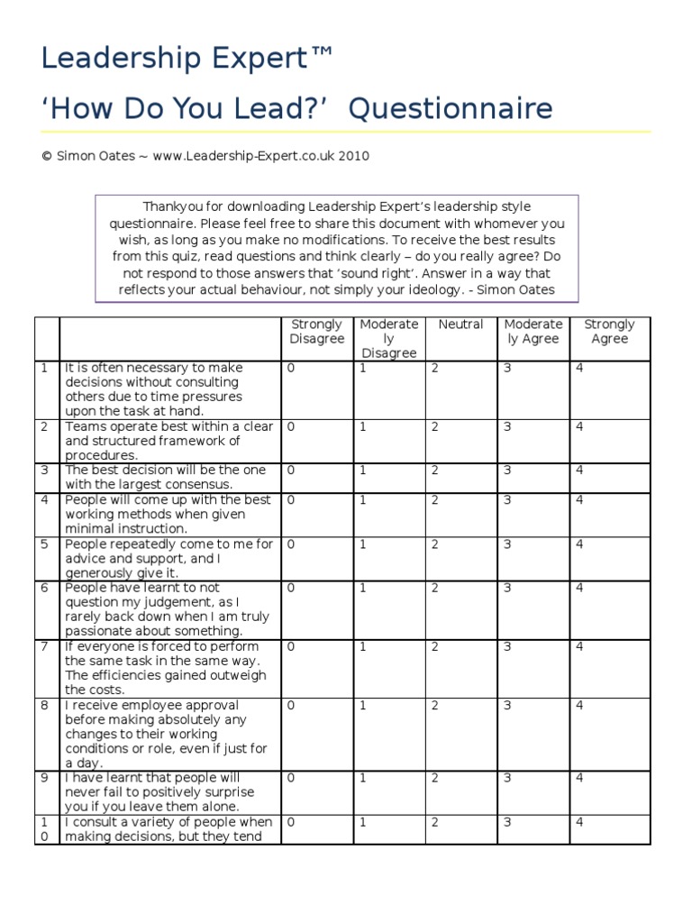 Leadership Expert Questionnaire | Leadership | Leadership & Mentoring