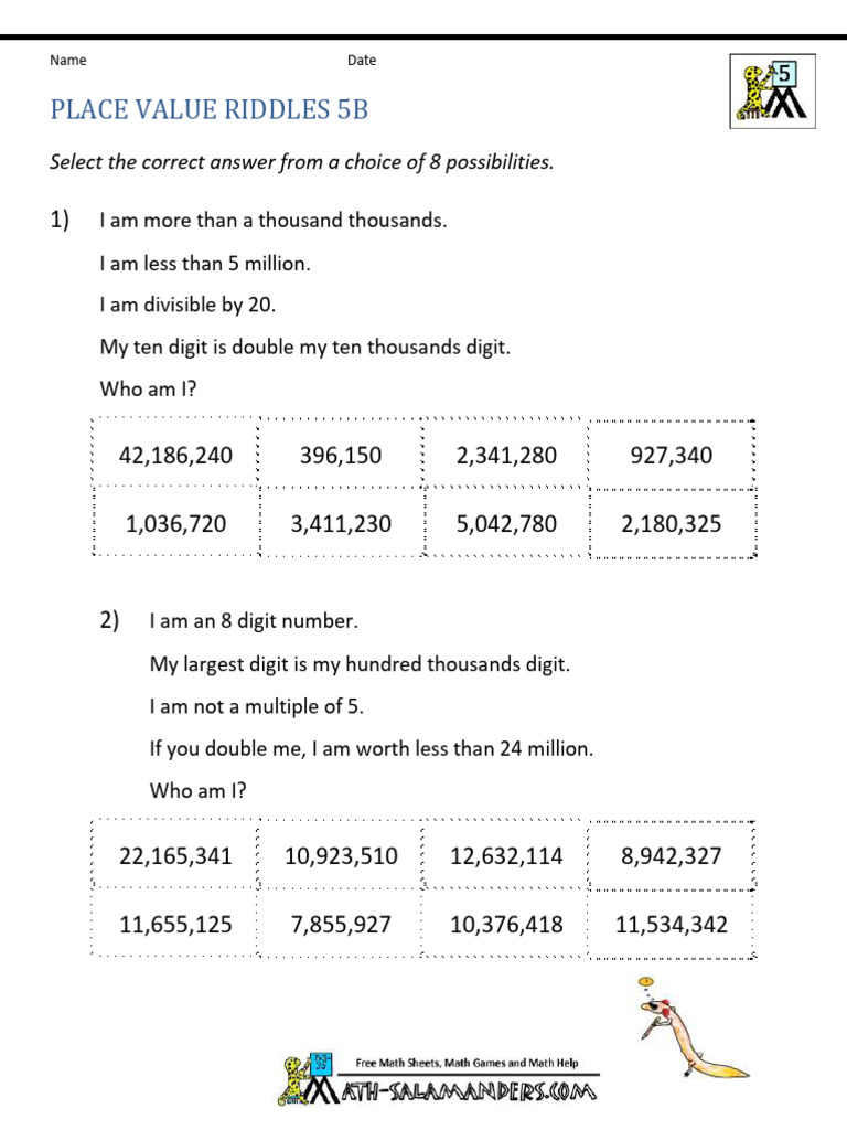 Place Value Riddles for Grade 5 | PDF
