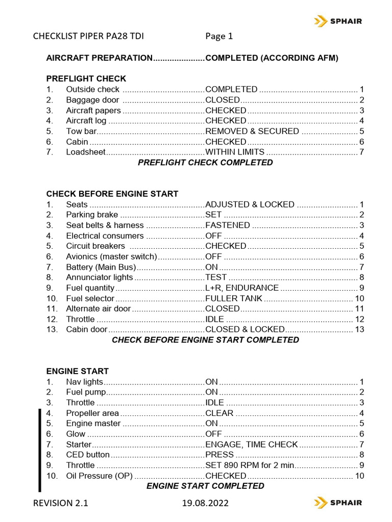 Piper PA28 TDI Checklist 2.1 SPHAIR | PDF | Vehicles | Aircraft