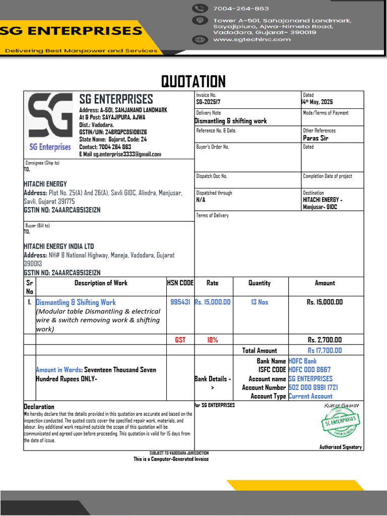 QUOTATION_SG-202517_Dismantling and Shifting work | PDF | Invoice
