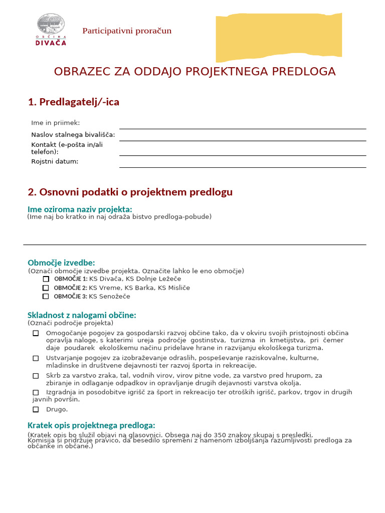 Obrazec - Divaca - Projektni Predlog | PDF