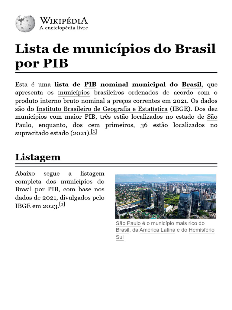 Lista de Municípios Do Brasil Por PIB - Wikipédia, A Enciclopédia Livre ...