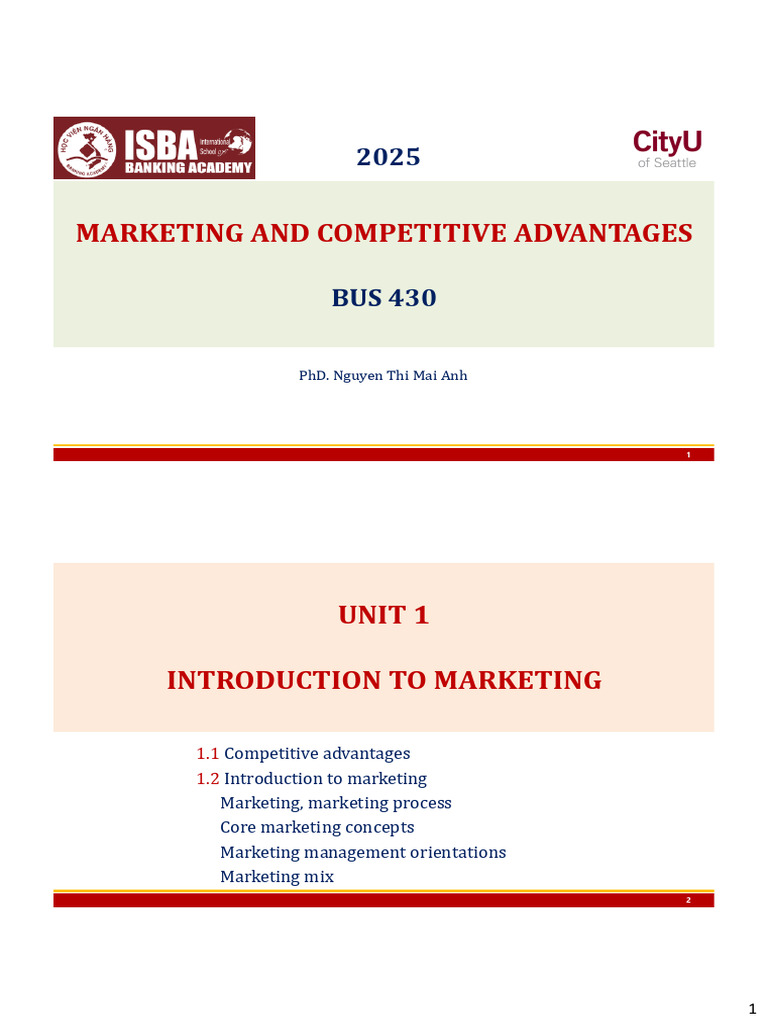 Unit 1 - Introduction To Marketing | PDF | Marketing | Competitive Advantage