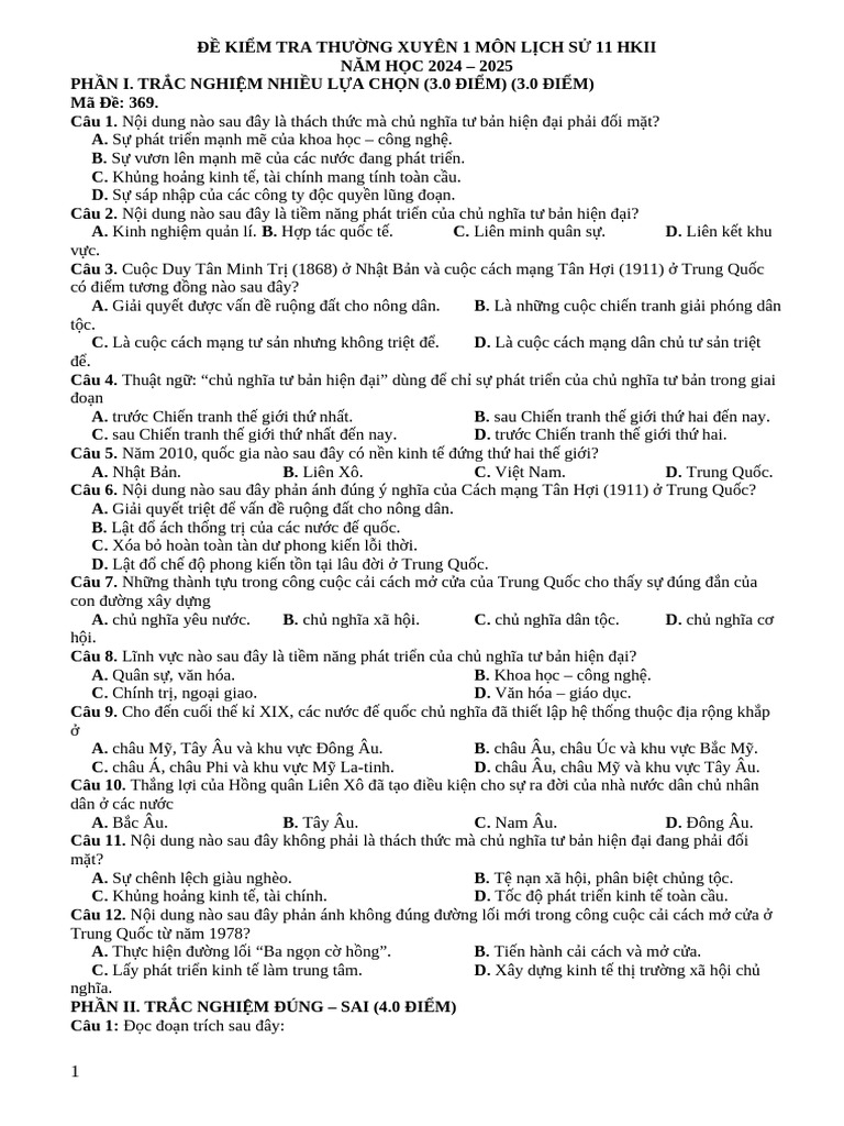ĐỀ KIỂM TRA THƯỜNG XUYÊN 1 MÔN LỊCH SỬ 11 HKII | PDF