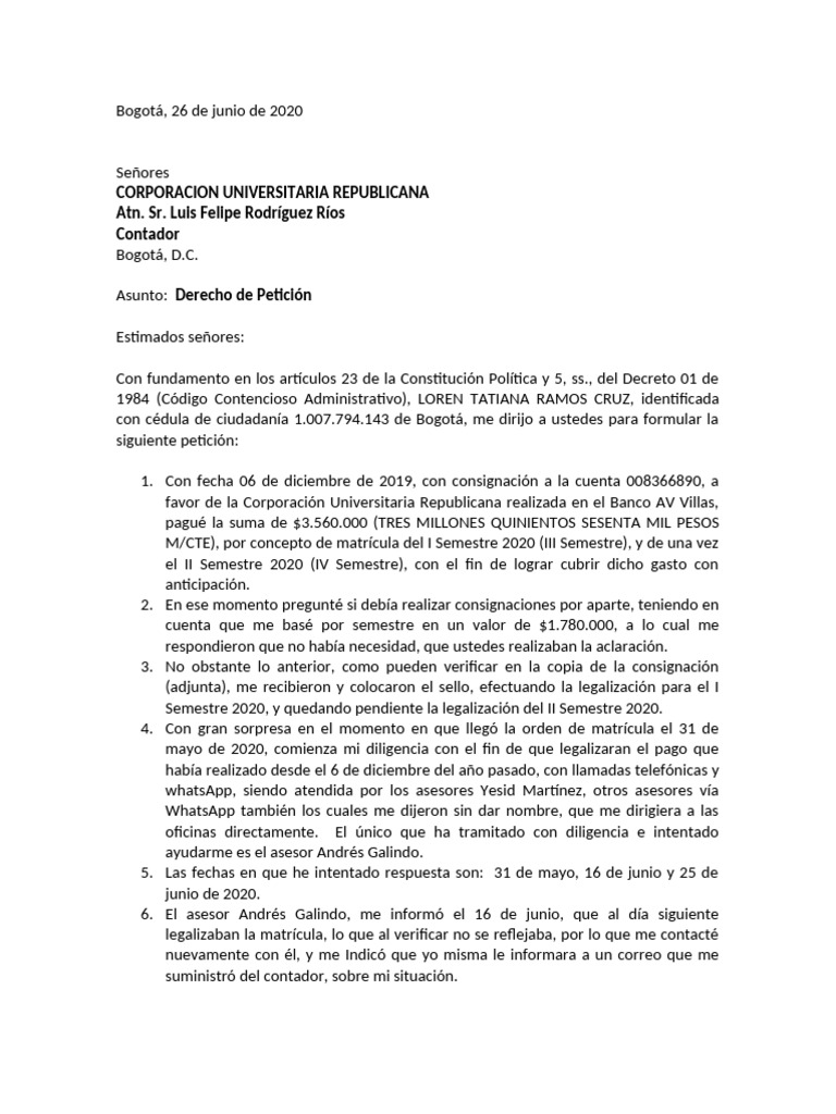 Derecho de Peticion Loren Tatiana Ramos Cruz Junio 2020 Pago II ...