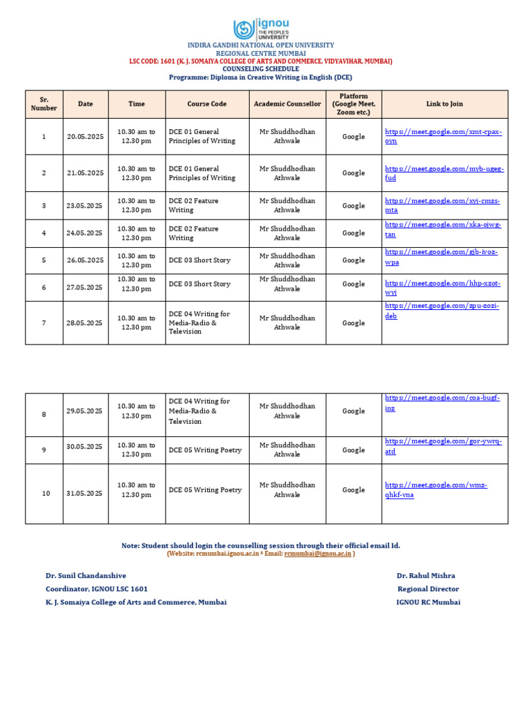 DCE 2025 Counseling Schedule | PDF