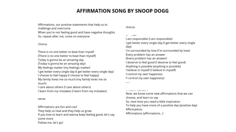 Snoop Dogg's Affirmation Song Lyrics | PDF