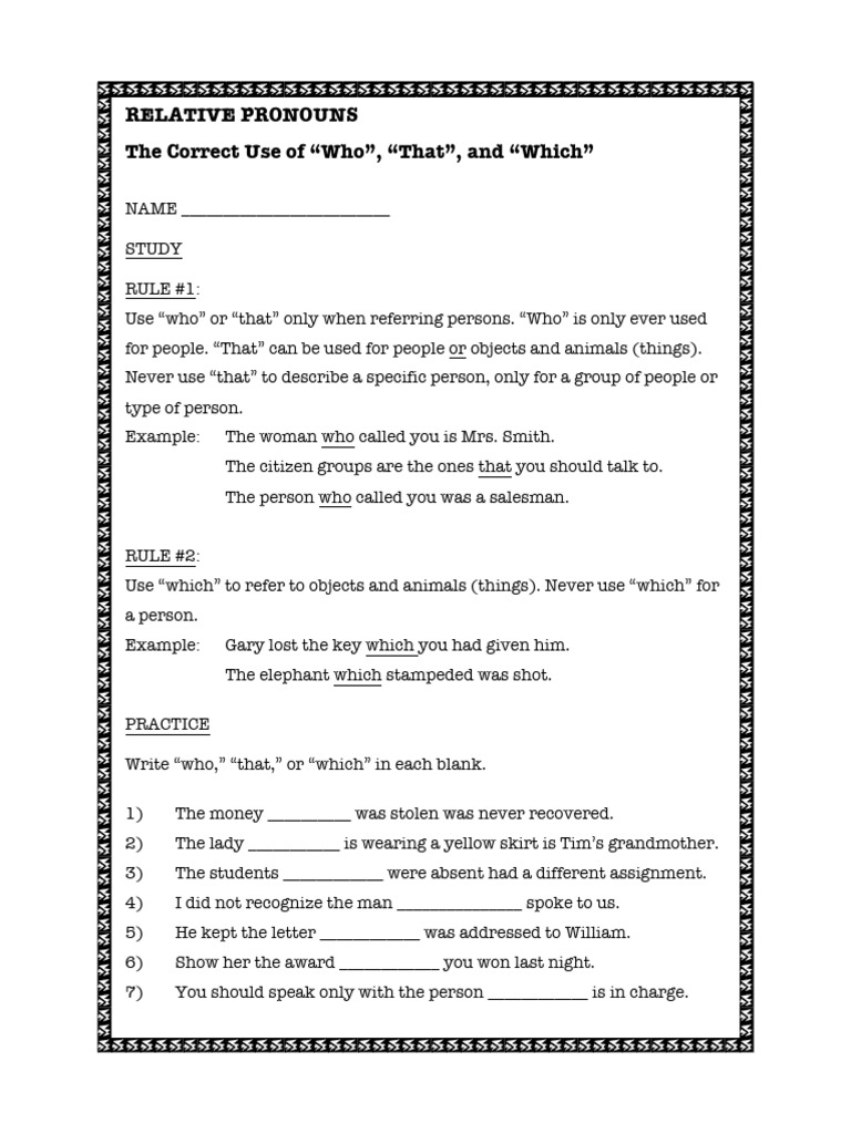 Relative Pronouns The Correct Use of "Who", "That", and "Which" | PDF
