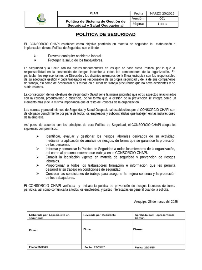 6. POLITICA DE SEGURIDAD-CONSORCIO CHAPI | PDF | Seguridad y salud ocupacional | Valores