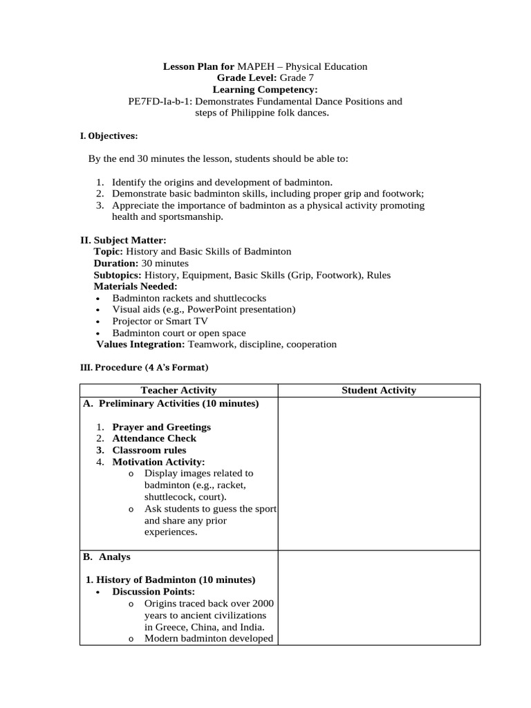 Lesson_Plan_4As_Badminton | PDF | Learning