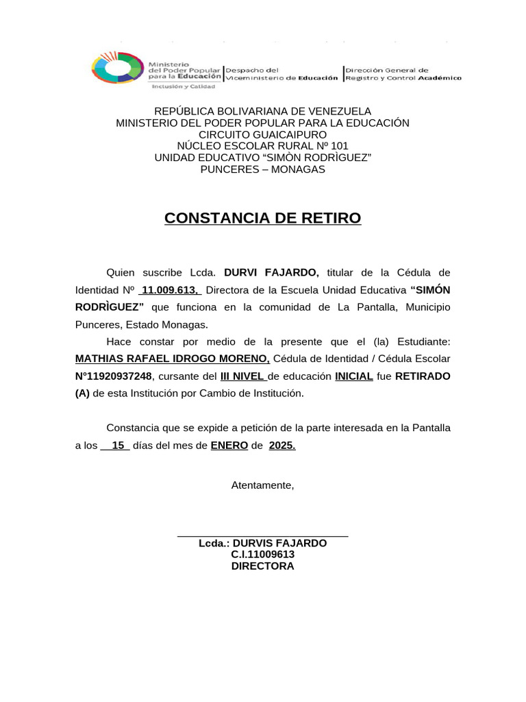 Constancia de Retiro Mathias Idrogo - 111719 | PDF